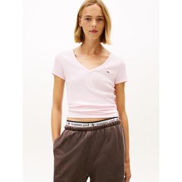 Tommy Jeans Damen Kurzarmshirt &raquo;TJW SLIM ESSENTIAL RIB V SHORT SLEEVE&laquo; mit gerippter Struktur, V-Ausschnitt, Slim Fit XL (42)