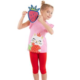 Denokids 2tlg. Outfit "Strawberry Cat" in Rosa/ Rot - 65% | Gr&ouml;&szlig;e 98 | Kinder-oberteile