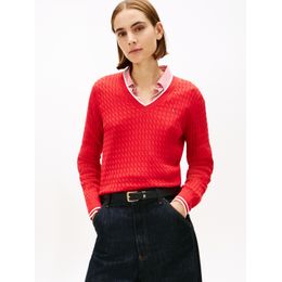 V-Ausschnitt-Pullover Tommy Hilfiger "CO CABLE V-NK LS SWT", Damen, Gr. XL (42), primary rot, calico tipping, Strick, Obermaterial: 100% Baumwolle, unifarben, normal kurz, V-Ausschnitt, Rippstrickb&uuml;ndchen, Pullover, mit Zopfmuster, Logostickerei