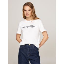 T-Shirt Tommy Hilfiger "NOS SCRIPT REGULAR C-NK SHORT SLEEVE", Damen, Gr. L, wei&szlig; (nos ecru), Jersey, Obermaterial: 100% Baumwolle, unifarben, regular fit normal, Rundhals, abgesteppte Kante, Shirts T-Shirt, mit Rundhals und kontrastfarbener Stickerei, Regular Fit