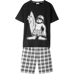 Shorty bonprix, Jungen, Gr. 140/146, schwarz (schwarz, wei&szlig;), Obermaterial: 100% Baumwolle, bedruckt, Basic normal, Rundhals, Homewear-Sets Shorty, lockere Passform, aus Baumwolle