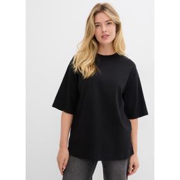 Longshirt bonprix, Damen, Gr. 48/50 (XL), schwarz, Interlock, Obermaterial: 100% Baumwolle, unifarben, oversize Po-bedeckend, Rundhals, weit, Shirts Longshirt, Oversized Schnitt, Halbarm, f&uuml;r Fr&uuml;hling und Sommer