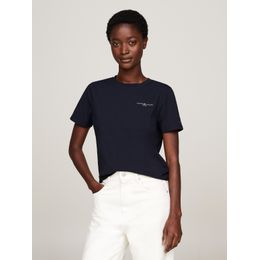 Rundhalsshirt Tommy Hilfiger "1985 REG MINI CORP LOGO C-NK SHORT SLEEVE", Damen, Gr. M, blau (nos desert sky), Single Jersey, Obermaterial: 95% Baumwolle, 5% Elasthan, unifarben, Basic, regular fit h&uuml;ftbedeckend, Rundhals, eingesetzt abgesteppt, Shirts Rundhalsshirt, mit Tommy Hilfiger Logoschriftzug und Bestickung