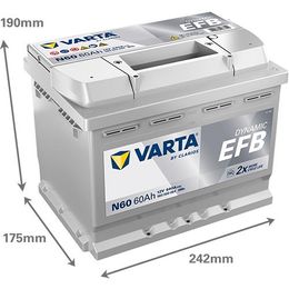 Varta Starterbatterie DYNAMIC EFB 12 V, 60 Ah, 640 A 560500064K262 12V 60Ah 640A f&uuml;r VW SUZUKI DACIA PEUGEOT AUDI TOYOTA MERCEDES-BENZ NISSAN OPEL GRE