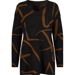CR&Eacute;ATION L Damen Longpullover mit Seitenschlitzen schwarz-cognac-gemustert Gr&ouml;&szlig;e 54
