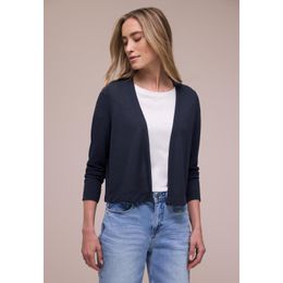 Strickjacke Street One "Style Nette", Damen, Gr. 40, blau (shadowed navy), Jersey, Obermaterial: 60% Viskose, 40% Polyester, normal h&uuml;ftbedeckend, V-Ausschnitt, abgerundeter Saum, Strickjacken Strickjacke, in offener Passform
