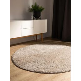 benuta Basic Waschbarer Hochflor Shaggyteppich Soho Beige &oslash; 80 cm rund - Bettvorleger f&uuml;r Schlafzimmer