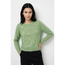 V&eacute;ro Moda Wollpullover VERO MODA "VMFIORELLA EMB LS O-NECK SHORT PULL BOO", Damen, Gr. XS, mistletoe detail:melange with embro as sample, Strick, Obermaterial: 79% Polyester, 13% Polyacryl, 5% Wolle, 3% Elasthan, bestickt, meliert, regular fit normal, Rundhals, Strickb&uuml;ndchen, Pullover, mit Blumenstickerei