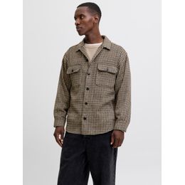 Jack & Jones Langarmhemd JACK & JONES "JJEBRADLEY OLLIE OVERSHIRT LS NOOS", Herren, Gr. S, N-Gr, delicioso, Web, Obermaterial: 70% Polyester, 20% Polyacryl, 8% Nylon, 2% Viskose, gemustert, loose fit Po-bedeckend, ohne Ausschnitt, Manschette, Hemden, mit Brusttaschen