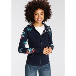 Kapuzensweatjacke Kangaroos, Damen, Gr. 40/42, blau (marine), Interlock, Obermaterial: 100% Baumwolle, bedruckt, kontrastfarbene Details, unifarben mit Farbeinsatz, figurbetont h&uuml;ftbedeckend, Raglan&auml;rmel Rippb&uuml;ndchen mit Daumenl&ouml;chern, Sweatjacken, mit blumigem Druck im Hawaii-Look