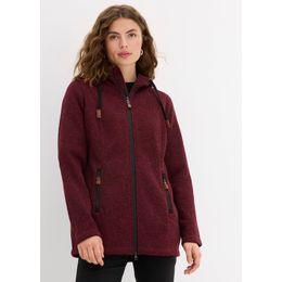 Strickfleecejacke bonprix, Damen, Gr. 44/46 (L), bordeaux meliert, Strick, Obermaterial: 100% Polyester, kontrastfarbene Details, unifarben, bequem Po-bedeckend, Jacken, bequeme Passform, mit Kapuze, mit verschlie&szlig;baren Taschen