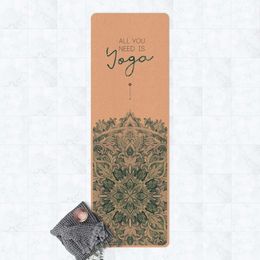 Yogamatte Kork - Spruch All you need is Yoga Blau - Illustration blau Spr&uuml;che Aquarell Mandala rutschfest