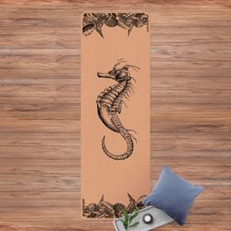 Bilderwelten Yogamatte Kork Vintage schwarz Tiere Sportmatte - Vintage Seepferdchen Schwarz - Retro rutschfest