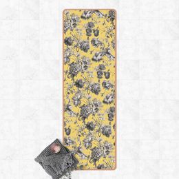 Bilderwelten Yogamatte Kork Vintage gelb Blumen Sportmatte - Floraler Kupferstich Graugelb - Retro rutschfest
