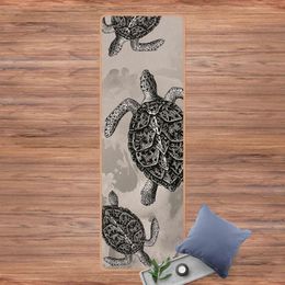 Bilderwelten Yogamatte Kork Illustration schwarz weiss Strand Sportmatte - Nautik Drei Schildkr&ouml;ten Schwarz Wei&szlig; - Unterwasser rutschfest