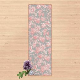 Yogamatte Kork - Floraler Kupferstich Rosagrau - Vintage grau Blumen Sportmatte Retro rutschfest