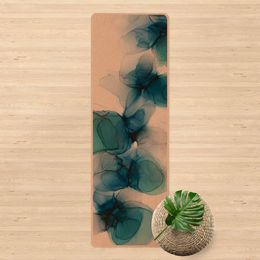 Yogamatte Kork - Wilde Bl&uuml;ten in Blau und Gold - modern t&uuml;rkis originell Aquarell Gymnastik rutschfest