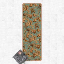 Yogamatte Kork - Floraler Kupferstich Goldblau - Vintage gr&uuml;n Blumen Sportmatte Retro rutschfest