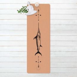 Bilderwelten Yogamatte Kork Vintage schwarz Tiere Sportmatte - Vintage Schwertfisch Schwarz - Retro rutschfest