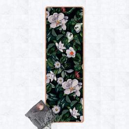 Bilderwelten Yogamatte Kork modern gr&uuml;n Training Sportmatte - Tropische Nacht mit wei&szlig;en Blumen - Gymnastik rutschfest