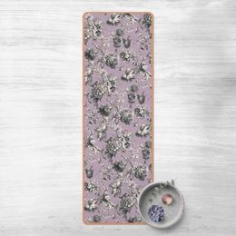 Yogamatte Kork - Floraler Kupferstich Grauflieder - Vintage violett Blumen Sportmatte Retro rutschfest