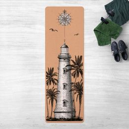Yogamatte Kork - Nautik Leuchtturm mit Kompassrose - Illustration schwarz Strand Sportmatte Palme rutschfest
