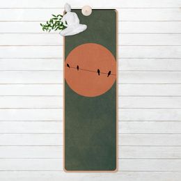 Bilderwelten Yogamatte Kork modern petrol Natur Aquarell - V&ouml;gel vor rosa Sonne I - Sonnenuntergang rutschfest