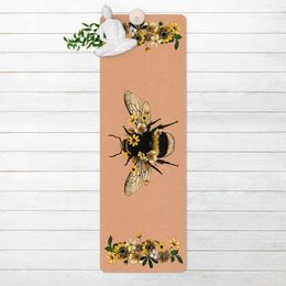 Yogamatte Kork - Florale Hummel - Illustration gelb Blumen Sportmatte Insekten rutschfest