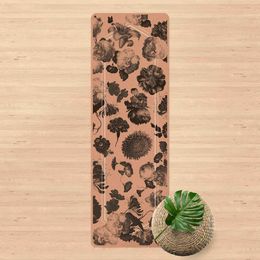 Bilderwelten Yogamatte Kork Illustration grau Blumen Aquarell - Dunkle Barockbl&uuml;ten mit wei&szlig;er Geometrie - Gymnastik rutschfest