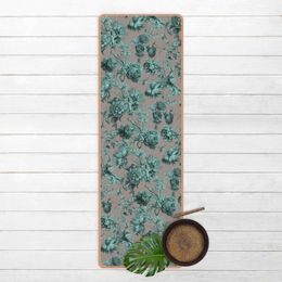 Bilderwelten Yogamatte Kork Vintage t&uuml;rkis Blumen Sportmatte - Floraler Kupferstich T&uuml;rkisgrau - Retro rutschfest