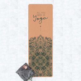 Yogamatte Kork - Spruch All you need is Yoga Blau - Illustration blau Spr&uuml;che Aquarell Mandala rutschfest