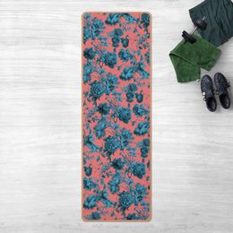 Yogamatte Kork - Floraler Kupferstich Blaukoralle - Vintage t&uuml;rkis Blumen Sportmatte Retro rutschfest