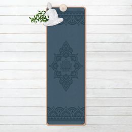 Yogamatte Kork - Lotusbl&uuml;te Indische Ornamente - Orientalisch blau Spirituell Sportmatte Mandala rutschfest