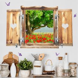 Bilderwelten Wandtattoo Wald modern 3D-Effekt Wandaufkleber - Fenster mit Herz Sommerwiese - Blumenwiese Wohnzimmer Schlafzimmer