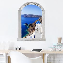 3D Wandtattoo Steinbogen View Over Santorini Wandsticker Aussicht 3D-Optik Wandaufkleber Bogen Ausblick in S-XXL 3D-Effekt