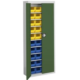 Mauser Magazinschrank mit Sichtlagerk&auml;sten, HxBxT 1740 x 680 x 280 mm, zweifarbig, Korpus grau, T&uuml;ren gr&uuml;n, 40 K&auml;sten