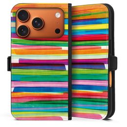 DeinDesign iPhone 17 Pro Handy Klapph&uuml;lle Handyh&uuml;lle aus Kunst Leder schwarz Flip Case Water Colour Stripes Colourful Sideflip mit Lasche