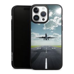 DeinDesign iPhone 14 Pro Max Handy Premium Silikon H&uuml;lle Handyh&uuml;lle schwarz Case Airplane Wanderlust Urlaub Silikon Premium Case