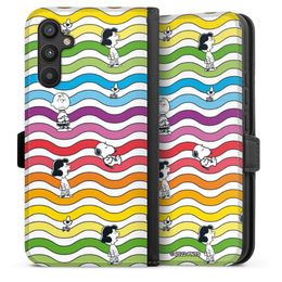 DeinDesign Galaxy A34 5G Handy Klapph&uuml;lle Handyh&uuml;lle aus Kunst Leder schwarz Flip Case Snoopy Muster Peanuts Sideflip mit Lasche