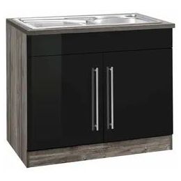 Sp&uuml;lenschrank KOCHSTATION "KS-Samos", schwarz (schwarz hochglanz, eiche vintage), B:100cm H:85cm T:60cm, Schr&auml;nke, Sp&uuml;lenschrank, 100 cm breit, inkl. Einbausp&uuml;le