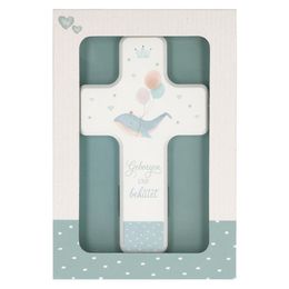 Kinderholzkreuz zur Taufe hellblau - Geborgen und beh&uuml;tet (1 St&uuml;ck)