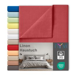 NYVI Linon Deluxe Bettlaken ohne Gummizug aus 100% atmungsaktiver Baumwolle - Betttuch auch als Sommerdecke nutzbar Farbe:Rot;Gr&ouml;&szlig;e:150x250 cm
