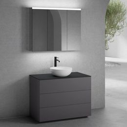 neoro n50 Unterschrank B: 100 cm mit 3 Ausz&uuml;gen, Waschtisch &Oslash; 45 cm wei&szlig; matt, mit Spiegelschrank,, BN0106WM+BN0453GR+BN0403BM+BN0474MI,