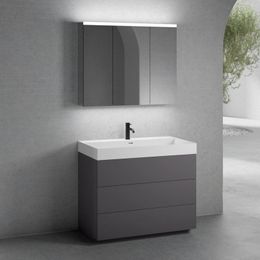 neoro n50 Unterschrank B: 100 cm mit 3 Ausz&uuml;gen, Waschtisch mit 1 Hahnloch wei&szlig; matt, mit Spiegelschrank,, BN0139WM+BN0453GR+BN0474MI,