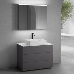 neoro n50 Unterschrank B: 100 cm mit 3 Ausz&uuml;gen, Waschtisch B: 58 cm wei&szlig; matt, mit Spiegelschrank,, BN0065WM+BN0453GR+BN0403C1+BN0474MI,