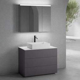 neoro n50 Unterschrank B: 100 cm mit 3 Ausz&uuml;gen, Waschtisch B: 58 cm wei&szlig; matt, mit Spiegelschrank,, BN0065WM+BN0453GR+BN0403WH+BN0474MI,