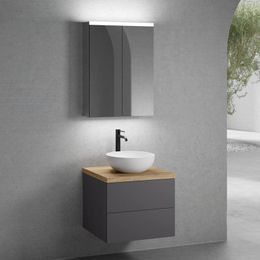 neoro n50 Unterschrank B: 60 cm mit 2 Ausz&uuml;gen, Waschtisch &Oslash; 40 cm wei&szlig; matt, mit Spiegelschrank,, BN0064WM+BN0421GR+BN0401W1+BN0472MI,