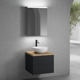 neoro n50 Unterschrank B: 60 cm mit 2 Ausz&uuml;gen, Waschtisch &Oslash; 45 cm wei&szlig; matt, mit Spiegelschrank,, BN0106WM+BN0421BM+BN0401W1+BN0472MI,