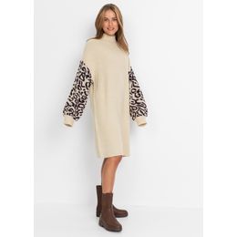 bonprix Oversized Strickkleid mit Leomuster, beige, Gr.36/38 (S), Stylisches Strickkleid mit Leomuster am Ballon&auml;rmel