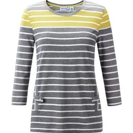 WITT Damen 3/4-Arm-Shirt mit 2 imitierten Taschen, anthrazit-zitrone-gestreift, Gr&ouml;&szlig;e 44